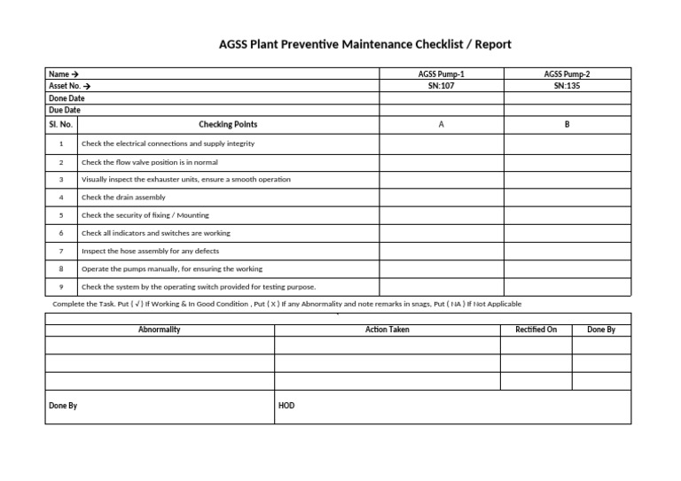 AGSS Plant Preventive Maintenance Checklist Report | PDF