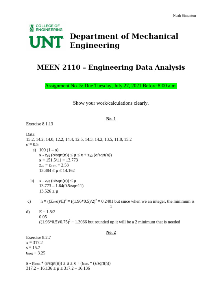 MEEN 2110 Assign No. 5 Summer 2021 | PDF