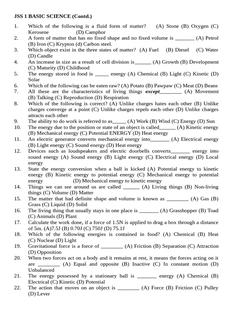 JSS 1 Basic Science Questions and Answers | PDF | Force | Heat Transfer