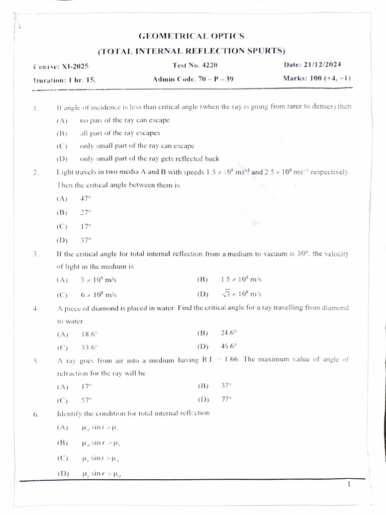 Critical Angles in Geometrical Optics | PDF | Physical Chemistry ...