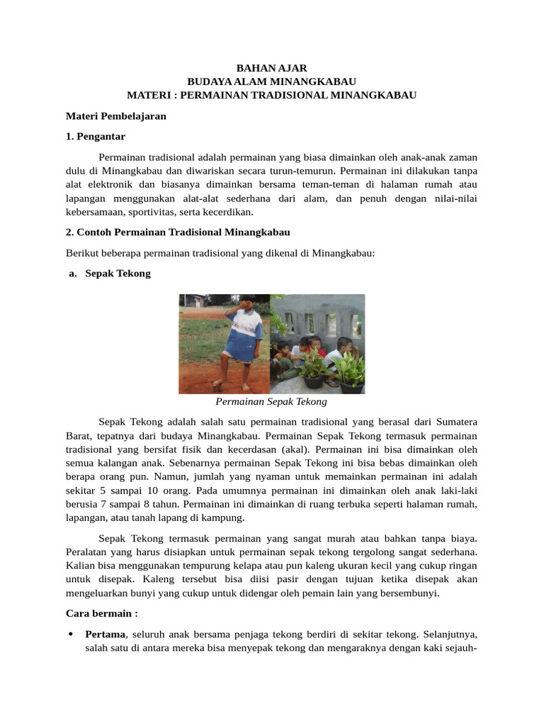 Permainan Tradisional Minangkabau: Sepak Tekong & Pacu Upiah | PDF