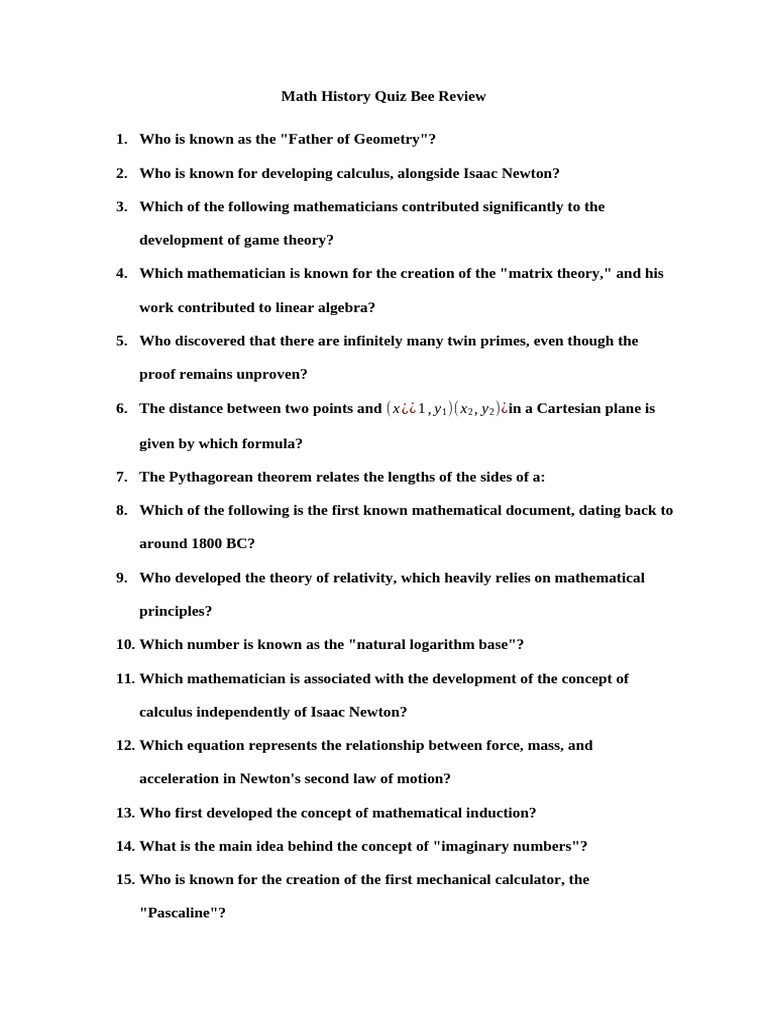 Math History Quiz Bee Review | PDF | Mathematics | Area