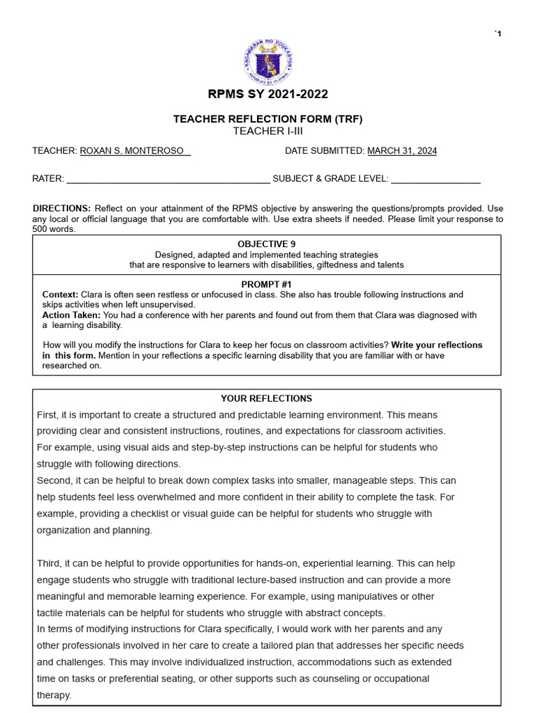 (Appendix 4A) Teacher Reflection Form For T I-III For RPMS SY 2021-2022 ...
