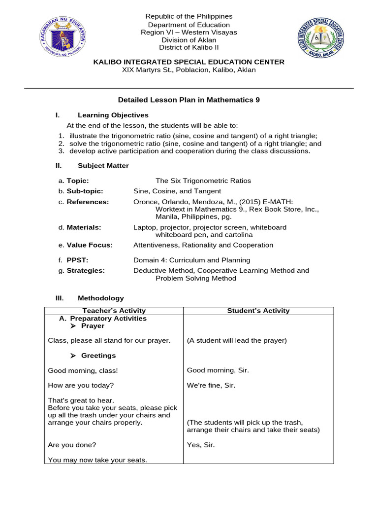 Trigonometric Ratios Lesson Plan | PDF | Trigonometric Functions ...