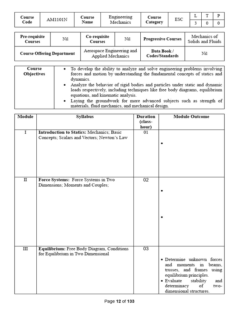 Engineering Mechanics Course Overview | PDF | Force | Kinematics