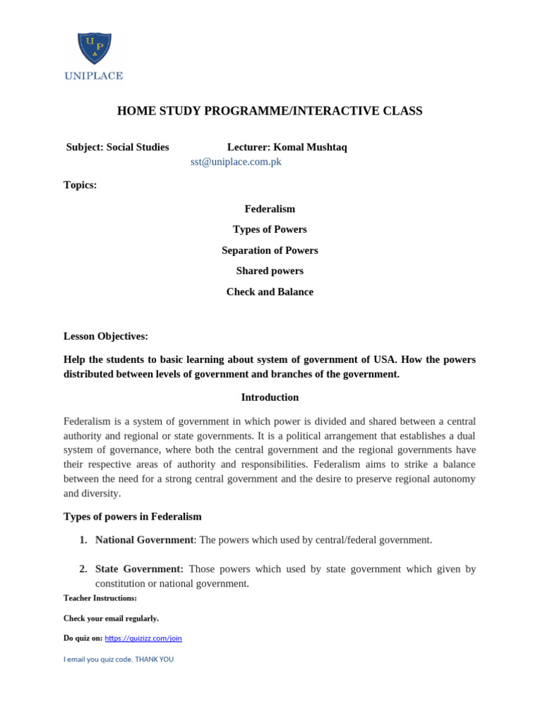 Lesson 4 Federalism, Types, Separation, Checks and Balances | PDF ...
