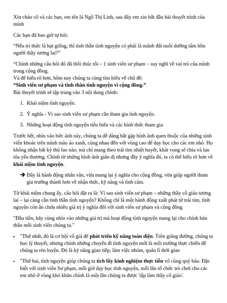 Bai Thuyet Trinh SVSP Tinh Nguyen | PDF