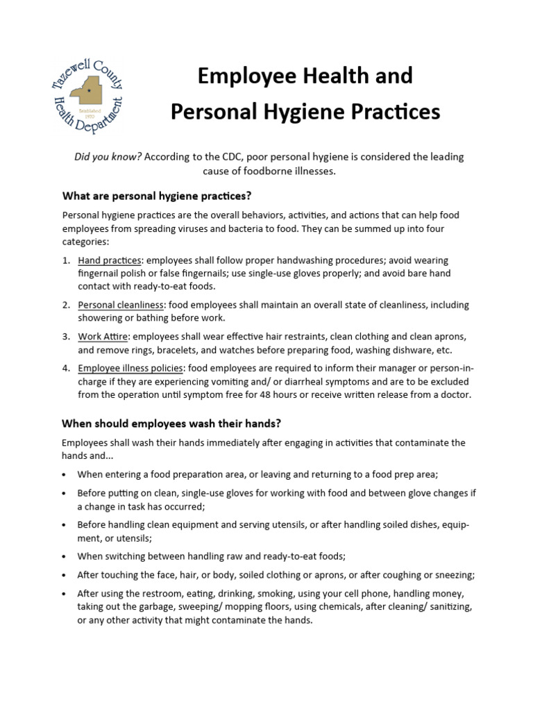 2018 Personal Hygiene and Employee Illness Practices PDF | PDF | Hand ...