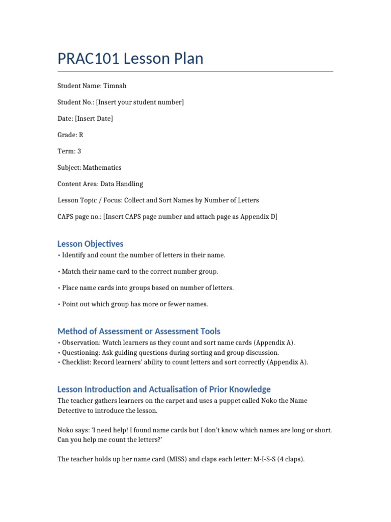 Grade R Math Lesson: Name Sorting Activity | PDF | Lesson Plan ...