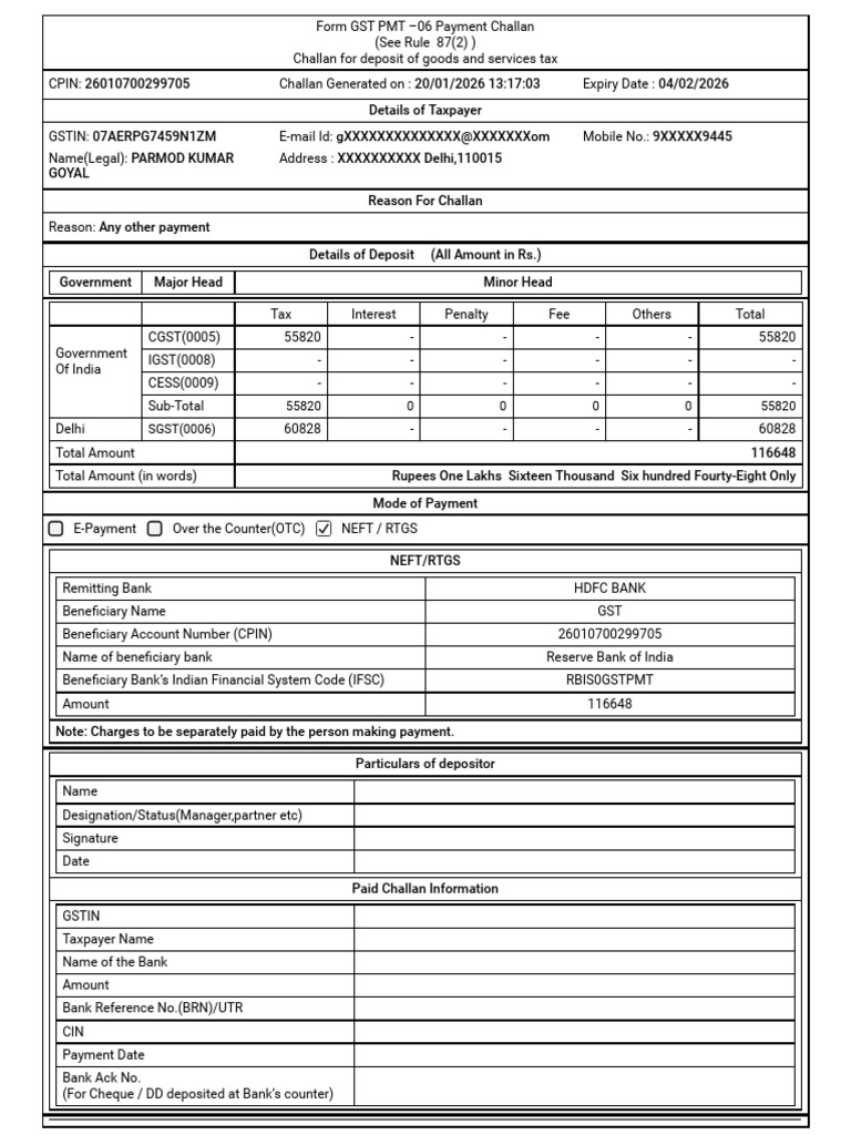 GST PMT-06 Payment Challan Details | PDF | Cheque | Banks