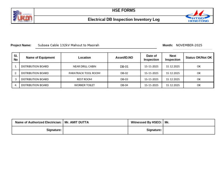 Electrical Inspection Log for Subsea Project | PDF