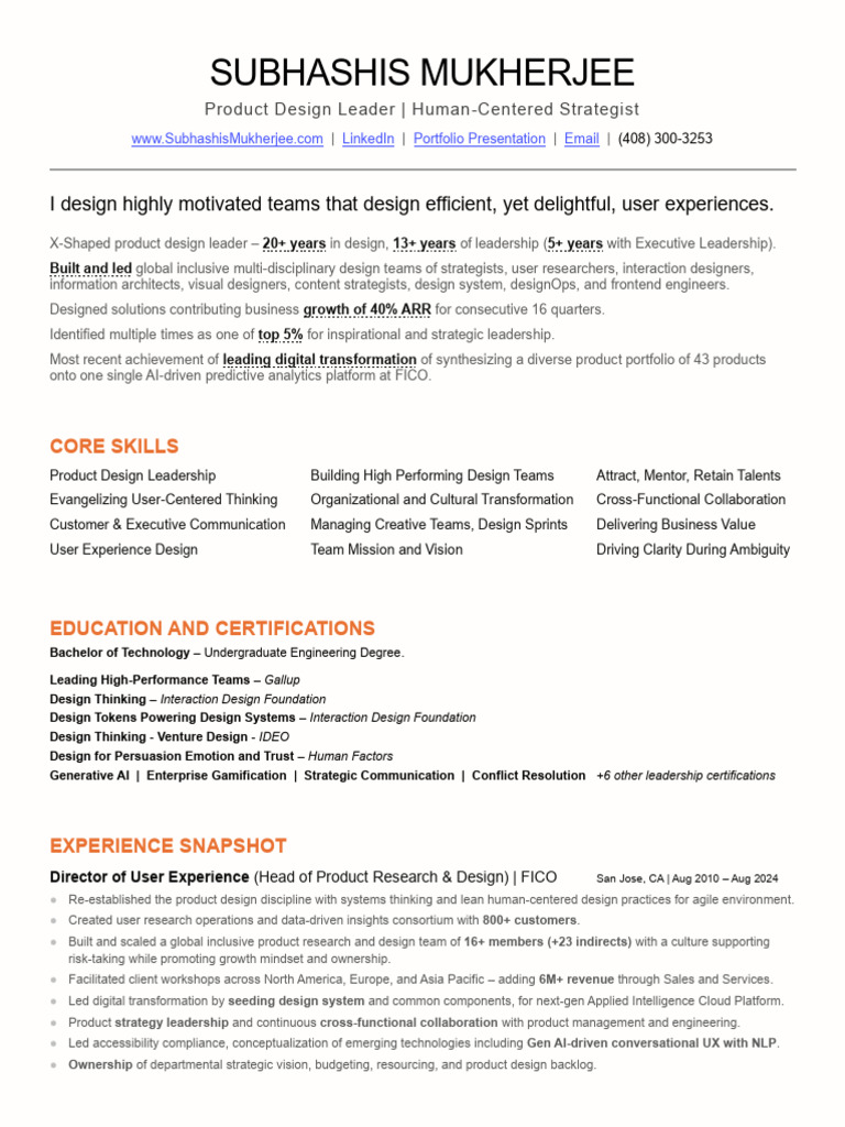 Subhashis Mukherjee Product Design Leader | PDF | Usability | Computing