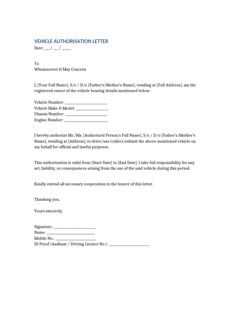 Vehicle Authorisation Letter | PDF