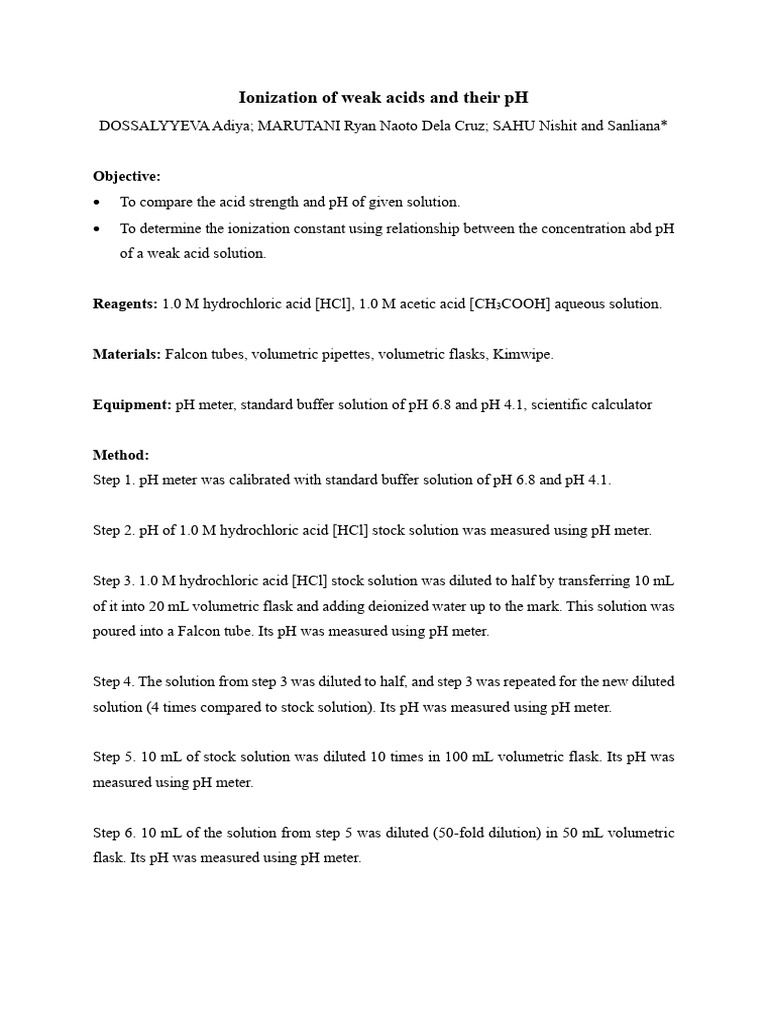 Chem Lab Report 5 - Ionization of Weak Acids and Their PH | PDF