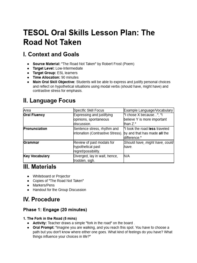 TESOL Oral Skills Lesson Plan | PDF | English As A Second Or Foreign ...