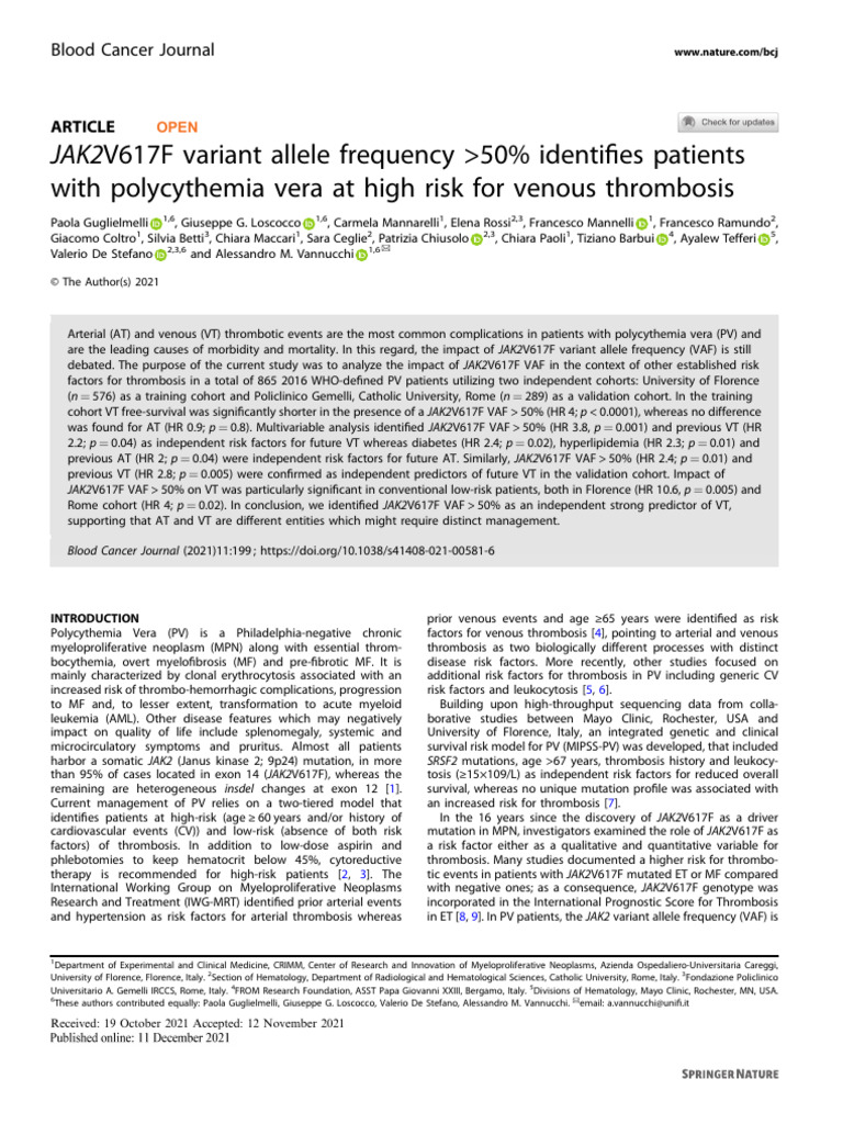 JAK2V617F Variant Allele Frequency 50% Identifies Patients | PDF ...