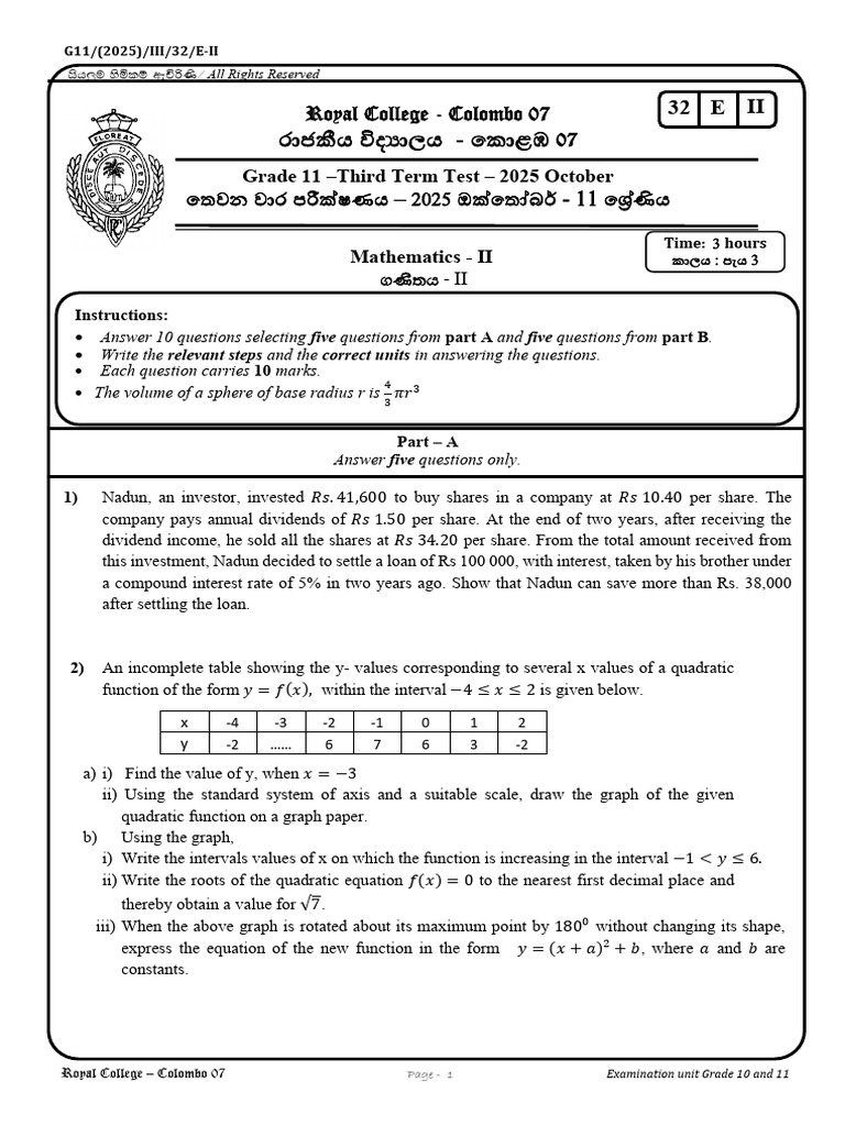 Grade 11 Mathematics Test Instructions | PDF | Interest