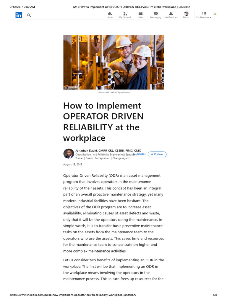 How To Implement Operator Driven Reliability at The Workplace | PDF ...
