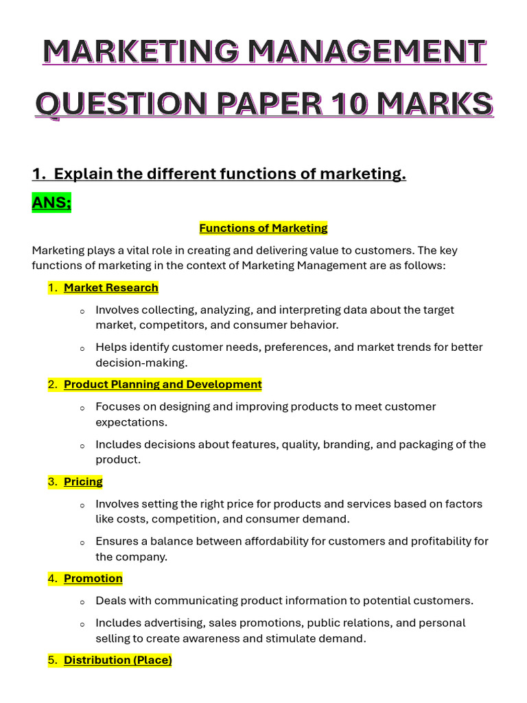 Marketing Management Question Paper 10 Marks | PDF | Marketing | Market ...
