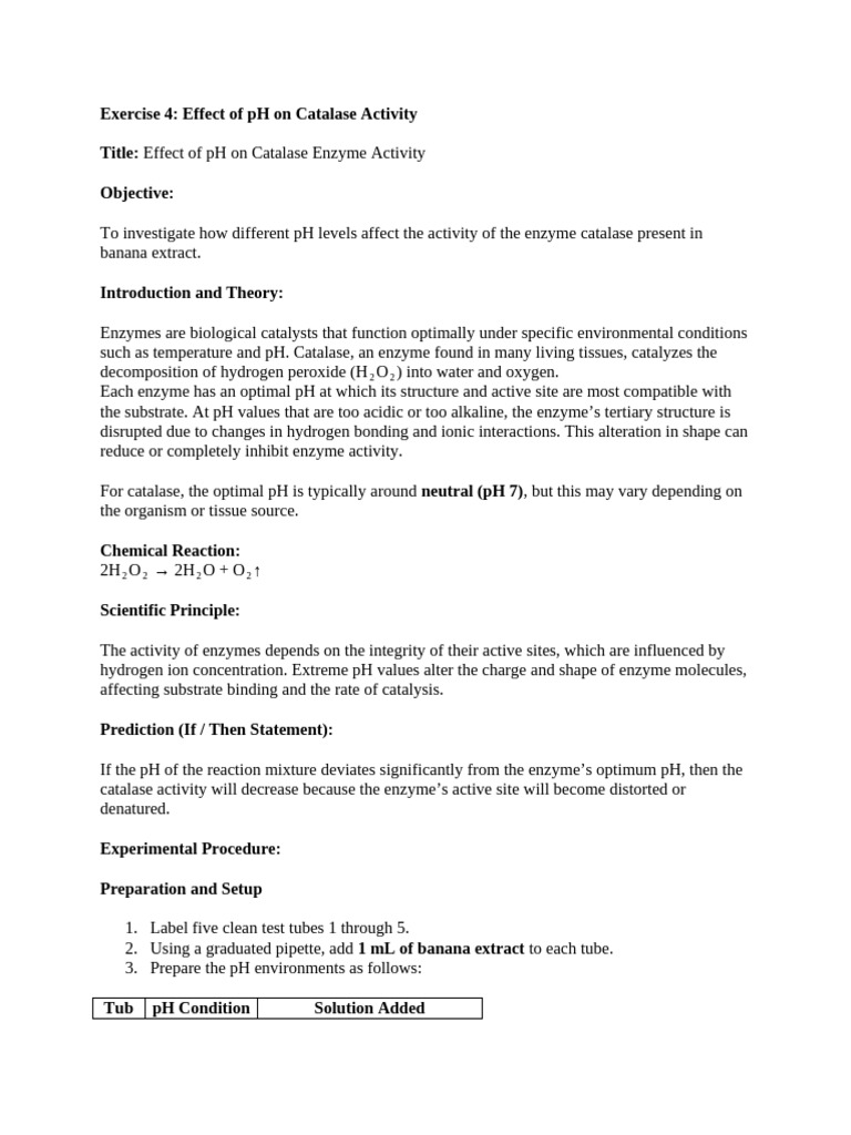 Exercise 4 Effect of PH On Catalase Activity | PDF | Ph | Catalase