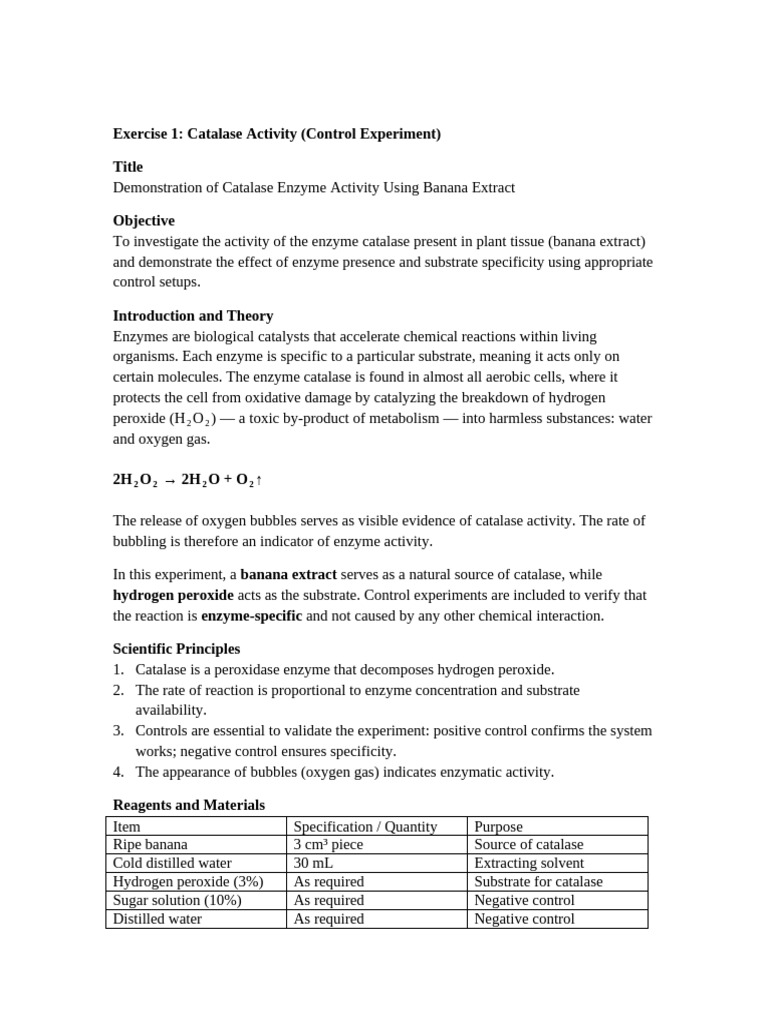 Catalase Activity in Banana Extract Experiment | PDF | Catalase | Enzyme