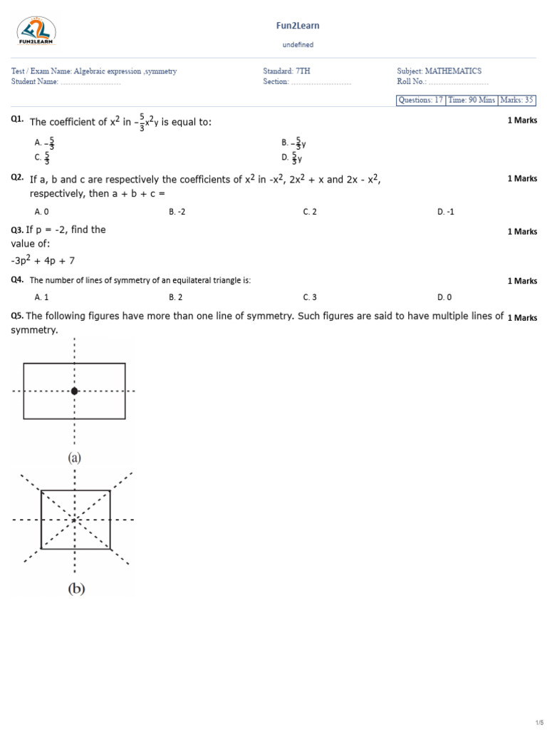 Algebraic Expression, Symmetry - 7TH-MATHEMATICS | PDF | Euclidean ...