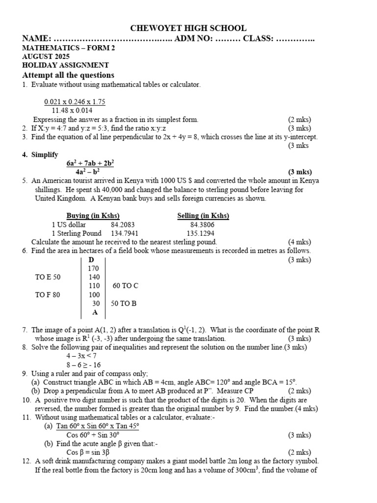 Mathematics Form 2 Assignment - Form 2 - Mathematics | PDF | Mathematics