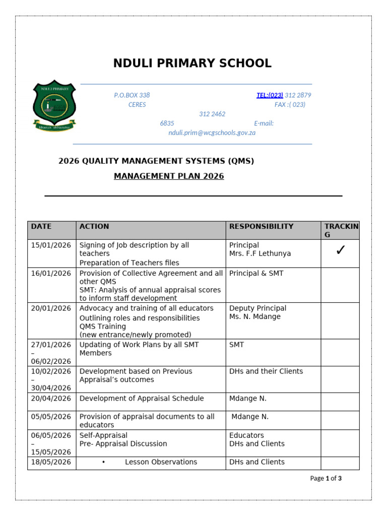 Nduli Primary School QMS Management Plan | PDF
