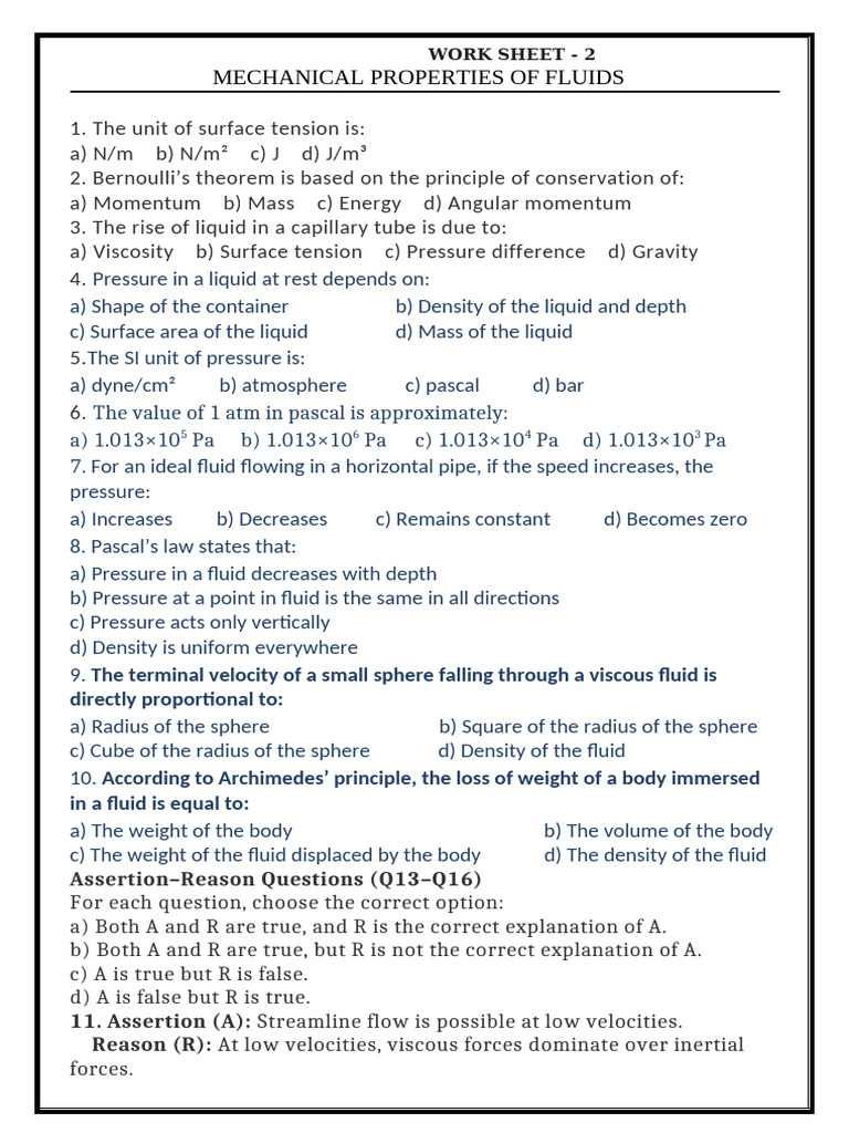GRADE - 11 Mechanical Properties of Fluids Worksheet | PDF | Pressure ...