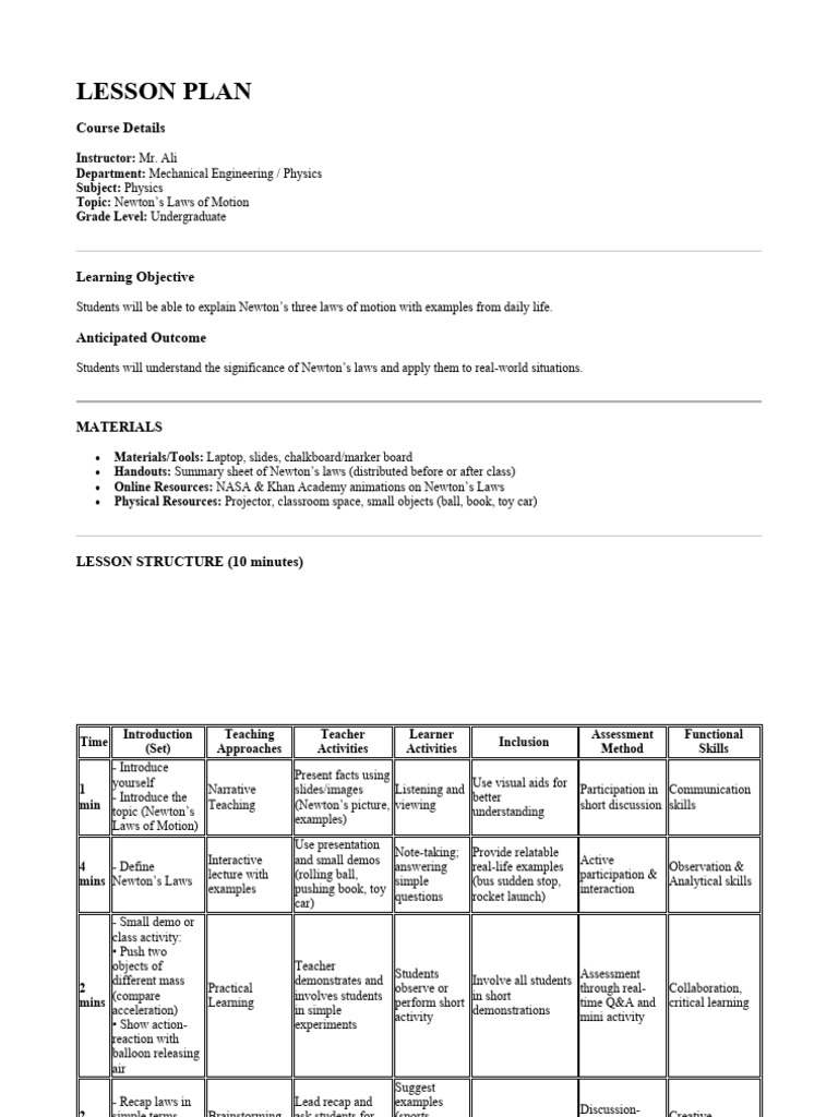 Lesson Plan | PDF | Lesson Plan | Newton's Laws Of Motion