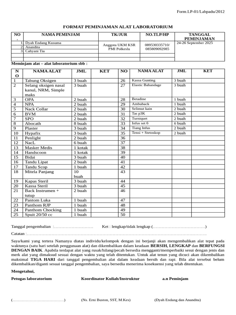 Form Peminjaman Lab KSR | PDF