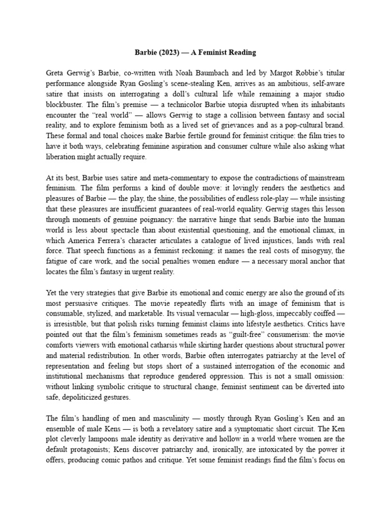 Feminist Analysis of Barbie (2023) | PDF | Feminism | Gender Studies