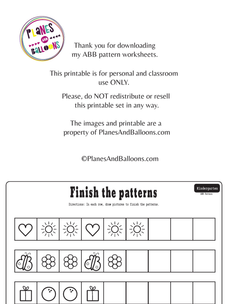 Kindergarten ABB Pattern Worksheets | PDF