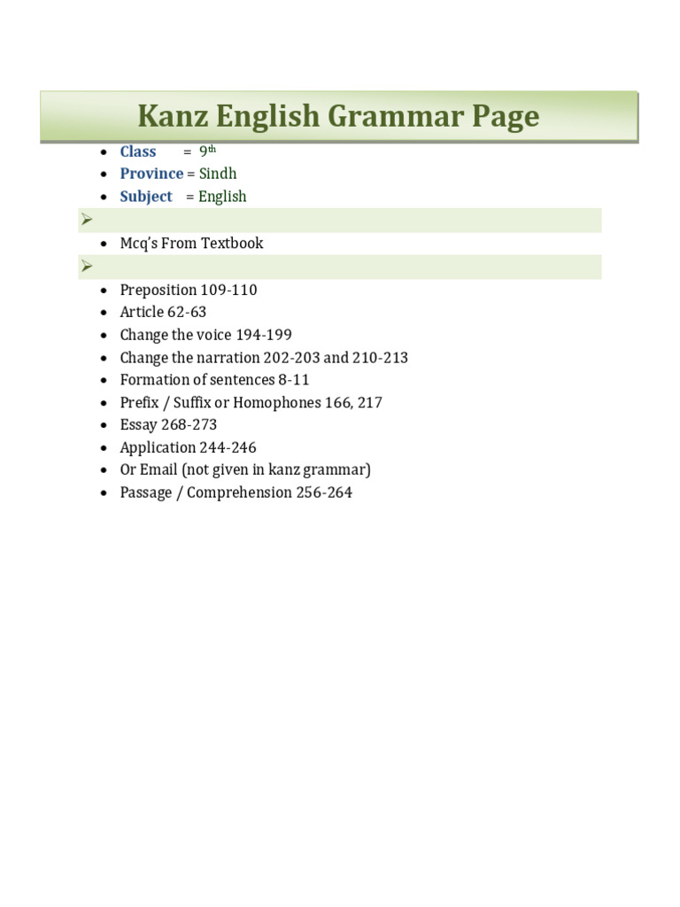 Kanz ENG Grammar Pages SINDH 9 | PDF