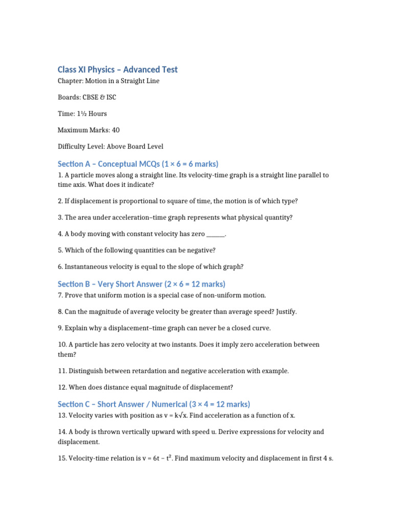 Class XI Motion in Straight Line Advanced Test | PDF