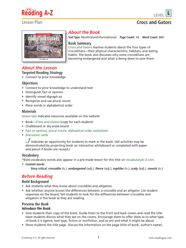 Lesson Plan | PDF | Crocodile | Reading Comprehension