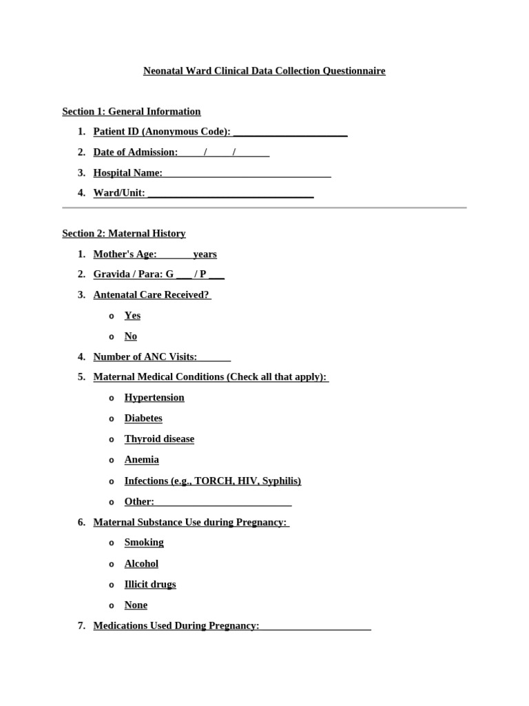 Neonatal Ward Data Collection Form | PDF | Childbirth | Prenatal ...