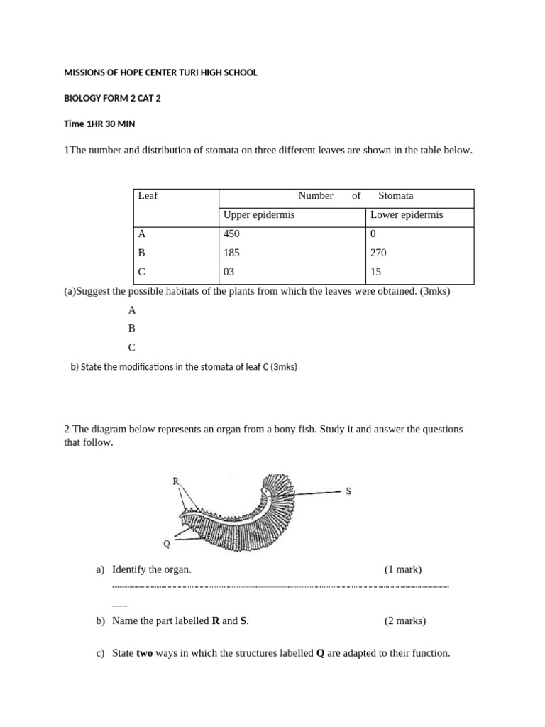 Biology Form 2 Cat 2 | PDF | Biology | Physiology
