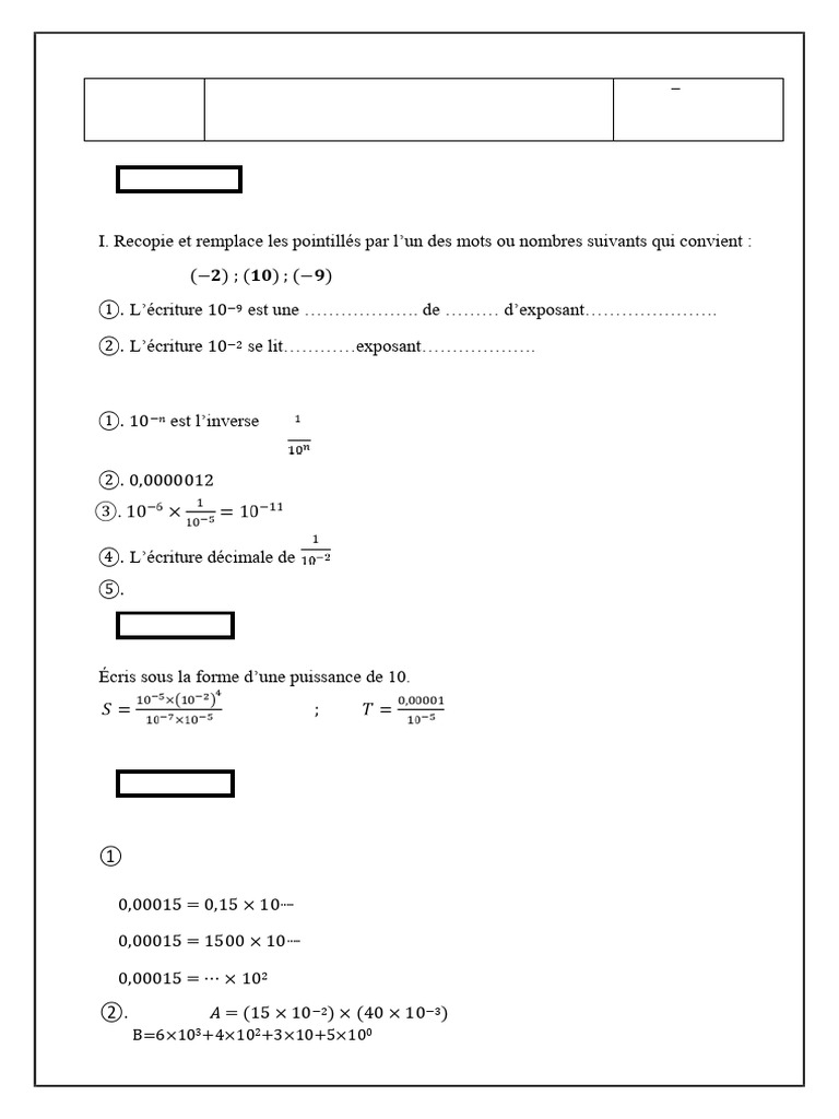 Devoir de Maths 4ème : Puissances de 10 | PDF