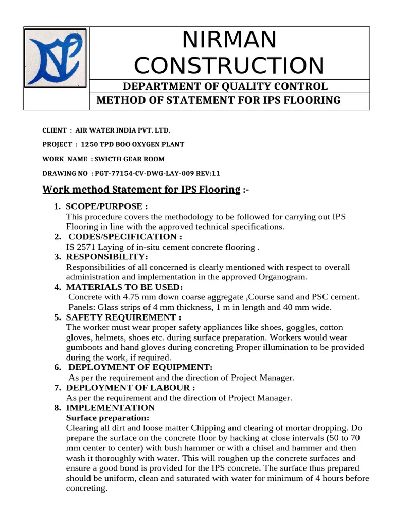IPS Flooring Method Statement Guide | PDF | Concrete | Structural ...