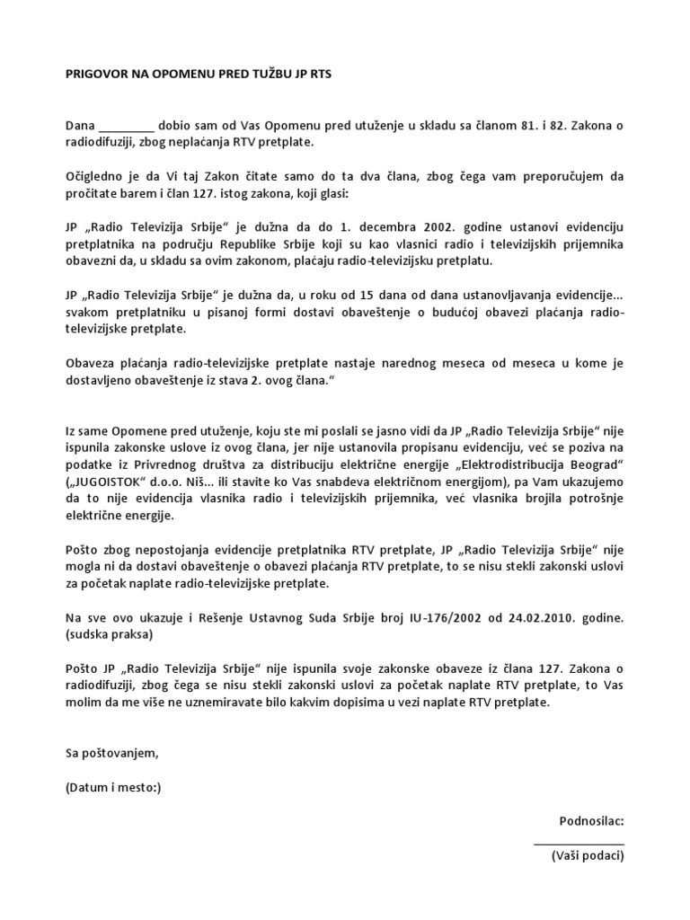 Prigovor Na Opomenu Pred Tužbu JP RTS | PDF