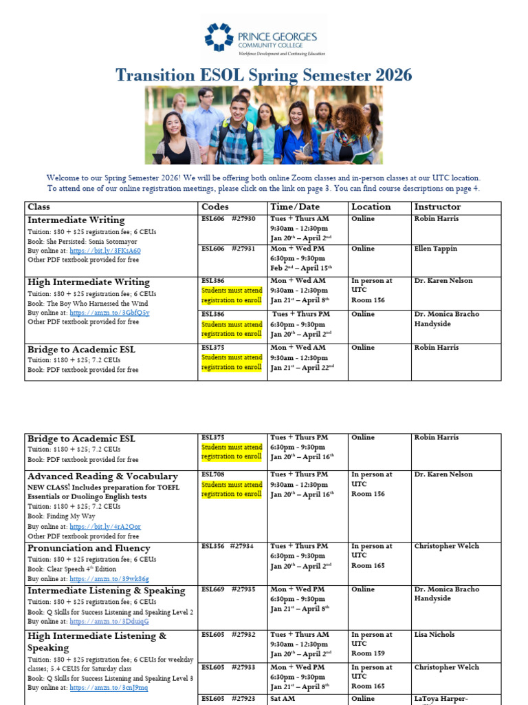 Transition ESOL Schedule Spring 2026 | PDF | Test Of English As A ...