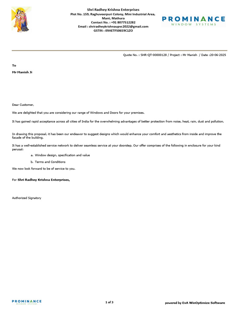 Mr Manish SHR QT 00000128 Quotation Report | PDF