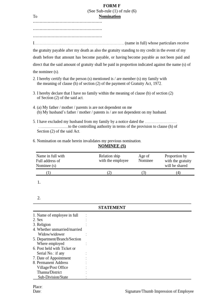 Gratuity Nomination Form F Template | PDF