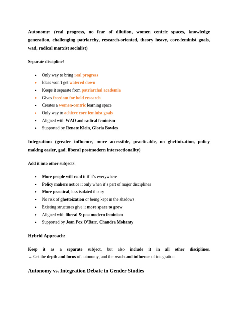 Autonomy vs. Integration in Gender Studies | PDF | Gender Studies ...