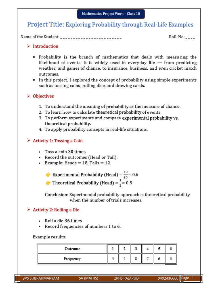 Probability Project for Class 10 Students | PDF | Probability | Applied ...