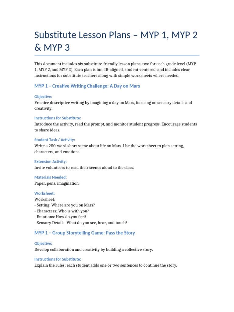 Substitute Lesson Plans MYP1 2 3 | PDF | Poetry | Lesson Plan