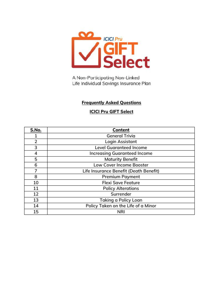 ICICI Pru GIFT Select FAQs Guide | PDF | Life Insurance | Insurance