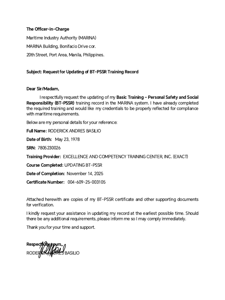 Request to Update BT-PSSR Training Record | PDF