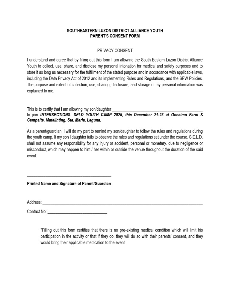 Youth Camp Parent Consent Form 2025 | PDF